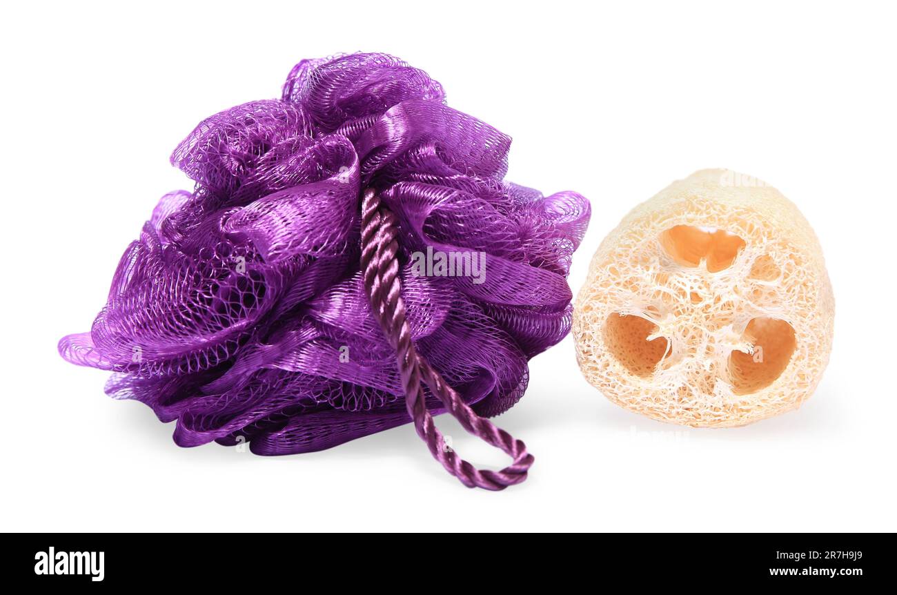 New shower puff and loofah sponge on white background. Personal hygiene ...