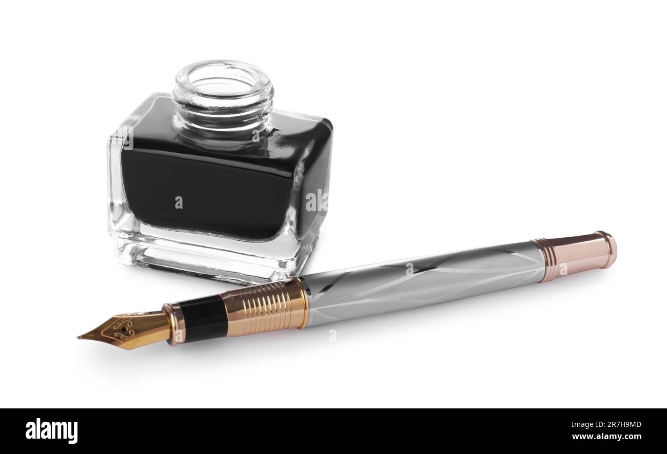 Stylish fountain pen and inkwell on white background Stock Photo - Alamy