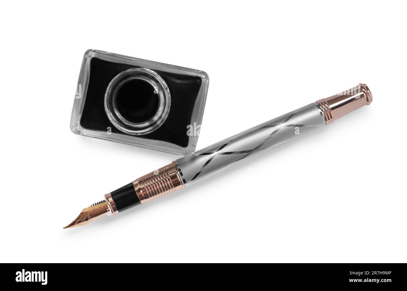 Stylish fountain pen and inkwell on white background, top view Stock ...