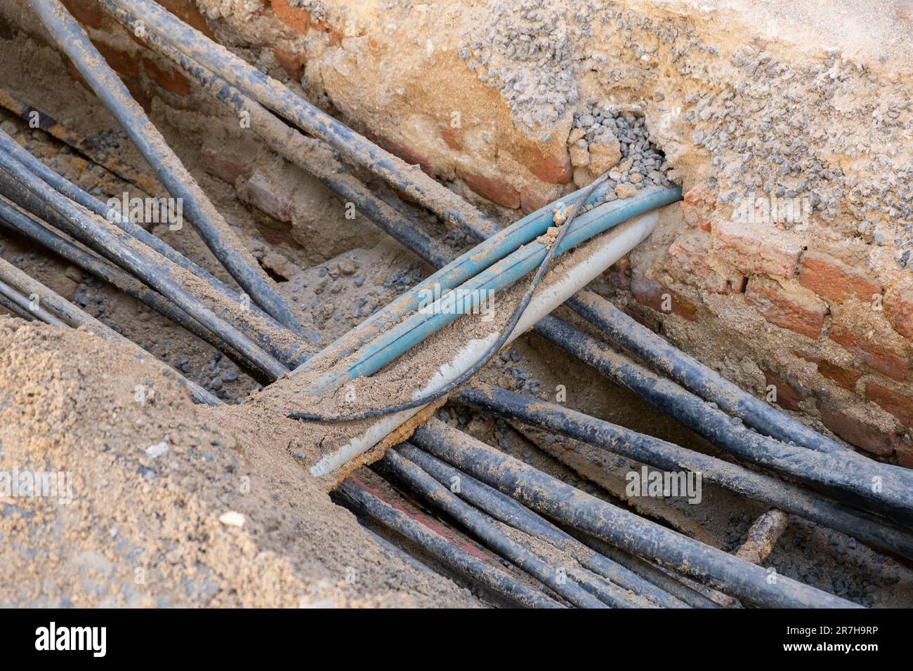 A lot of communication Cables protected in tubes. Construction site ...
