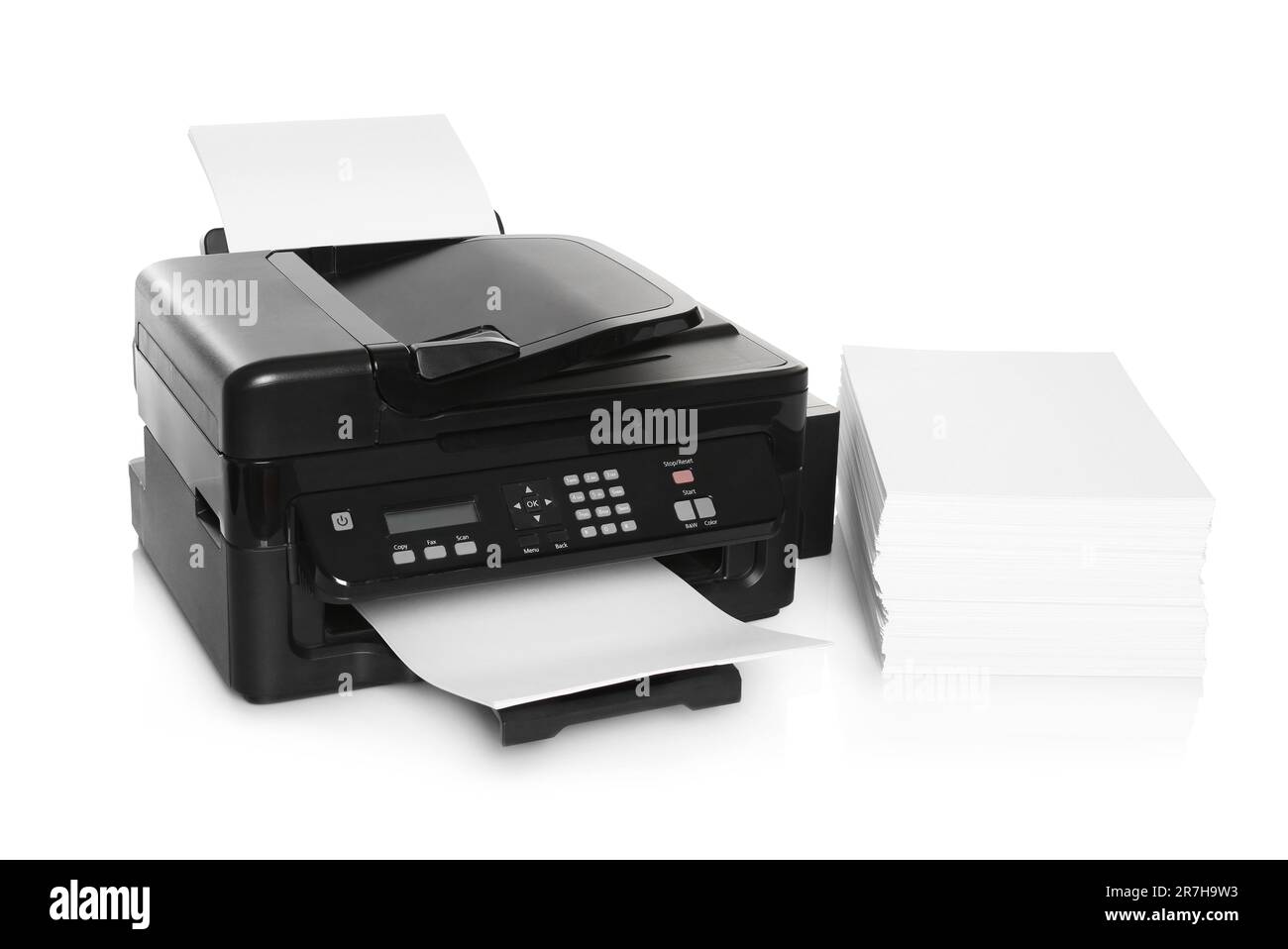 Modern printer and stack of paper on white background Stock Photo - Alamy