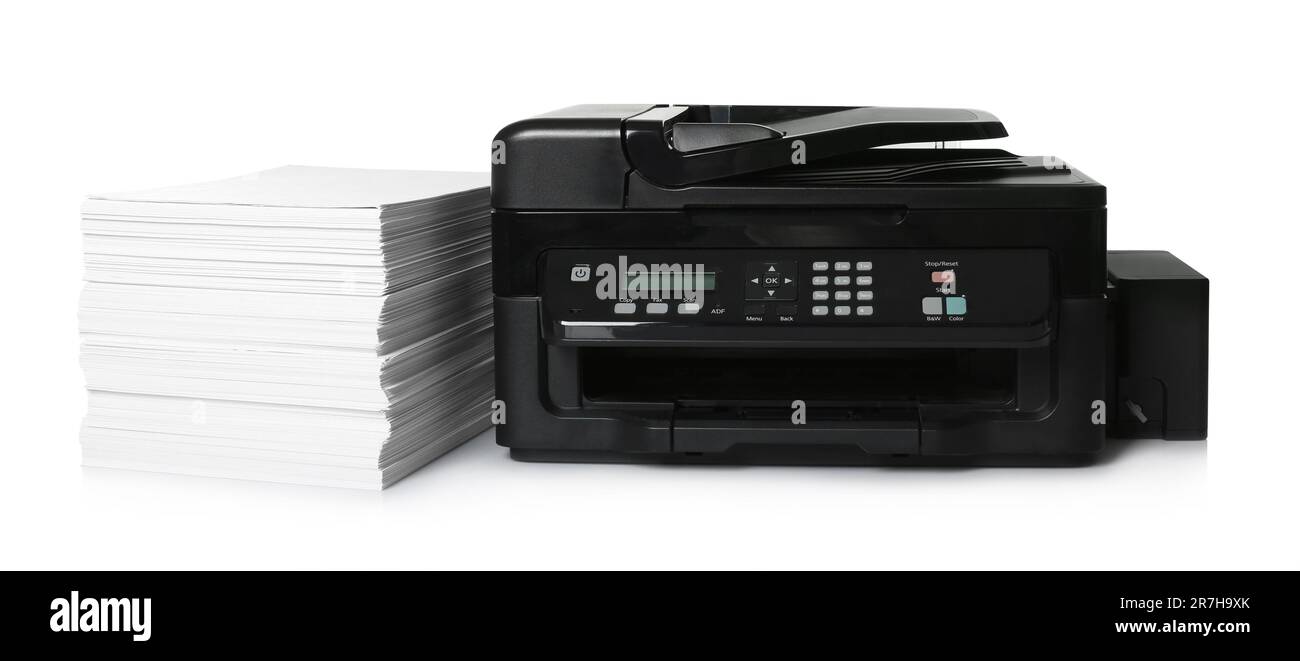 Modern printer and stack of paper on white background Stock Photo - Alamy