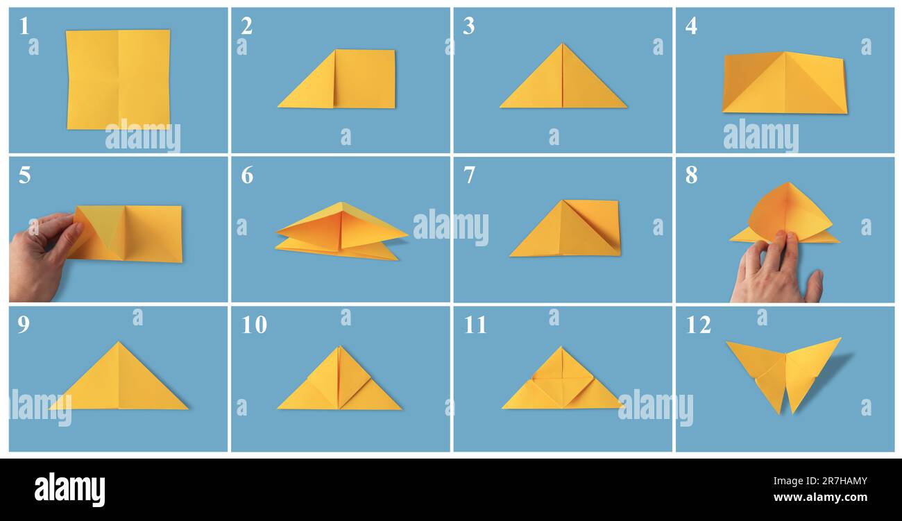 Origami art. Making yellow paper butterfly step by step, photo collage ...