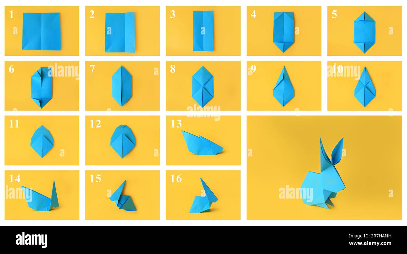 Origami art. Making light blue paper bunny step by step, photo collage ...