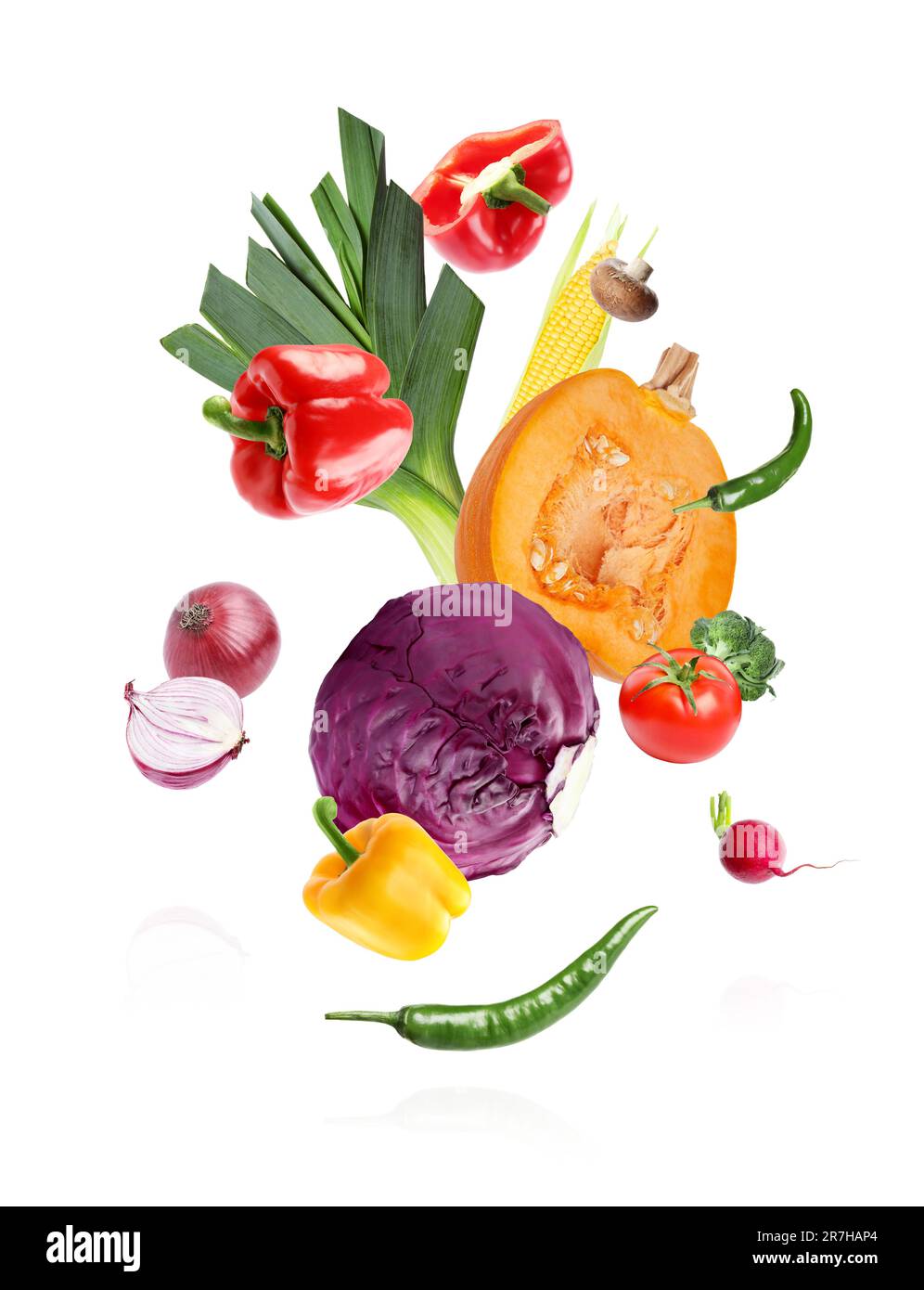 Many different fresh vegetables falling on white background Stock Photo ...