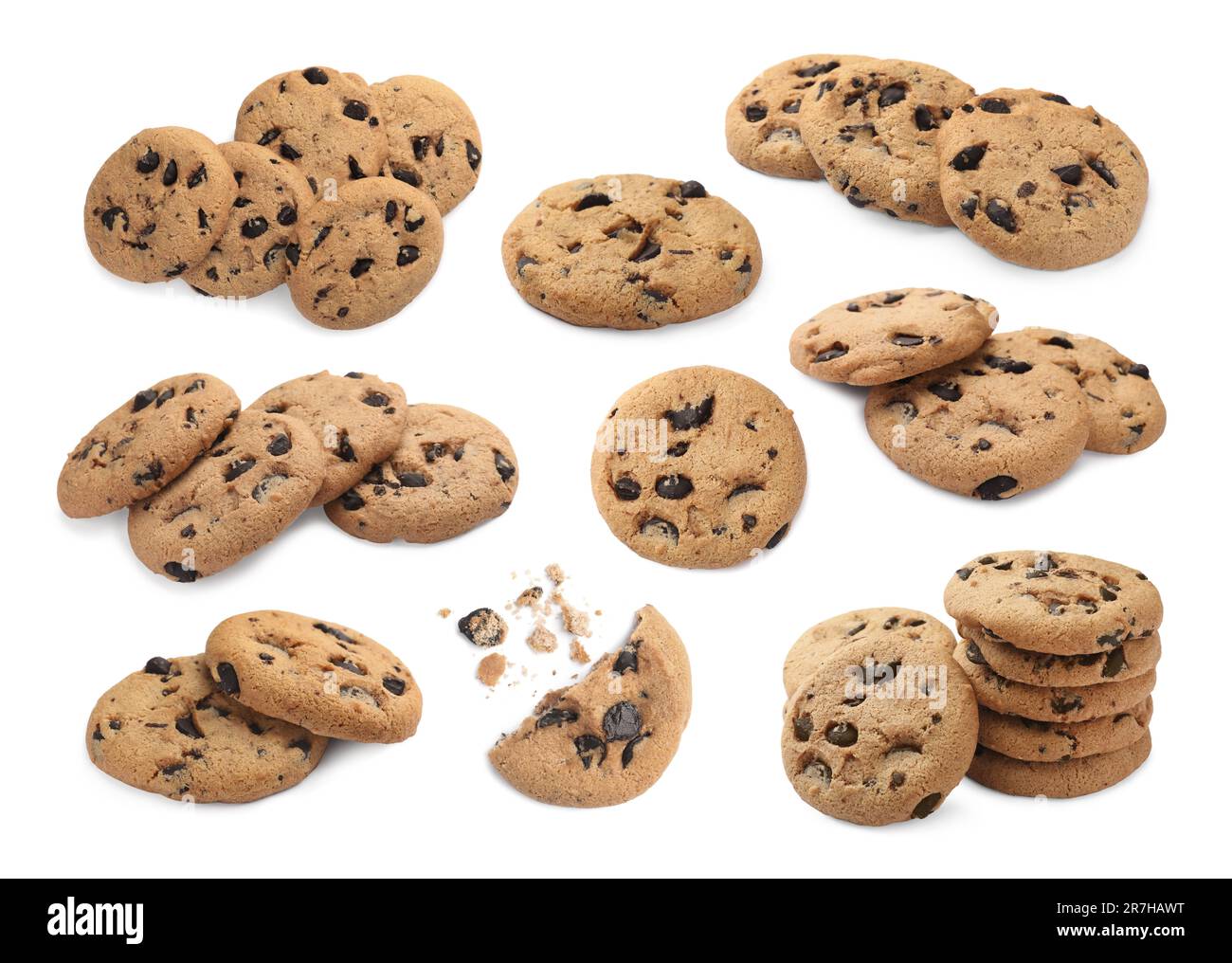 Tasty chocolate chip cookies on white background, collage design Stock ...