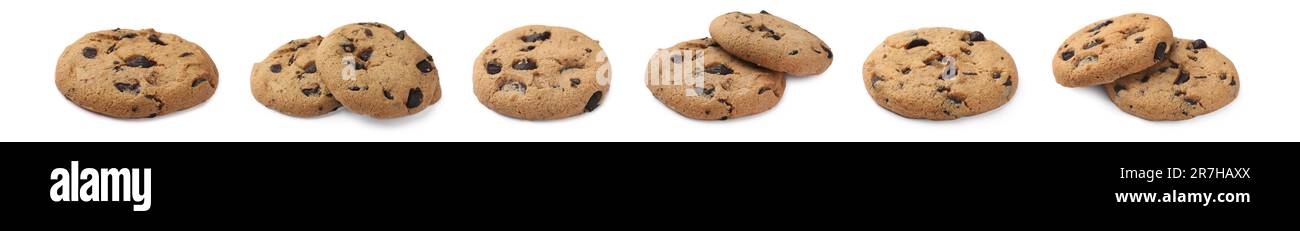 Tasty chocolate chip cookies on white background, collage design Stock ...
