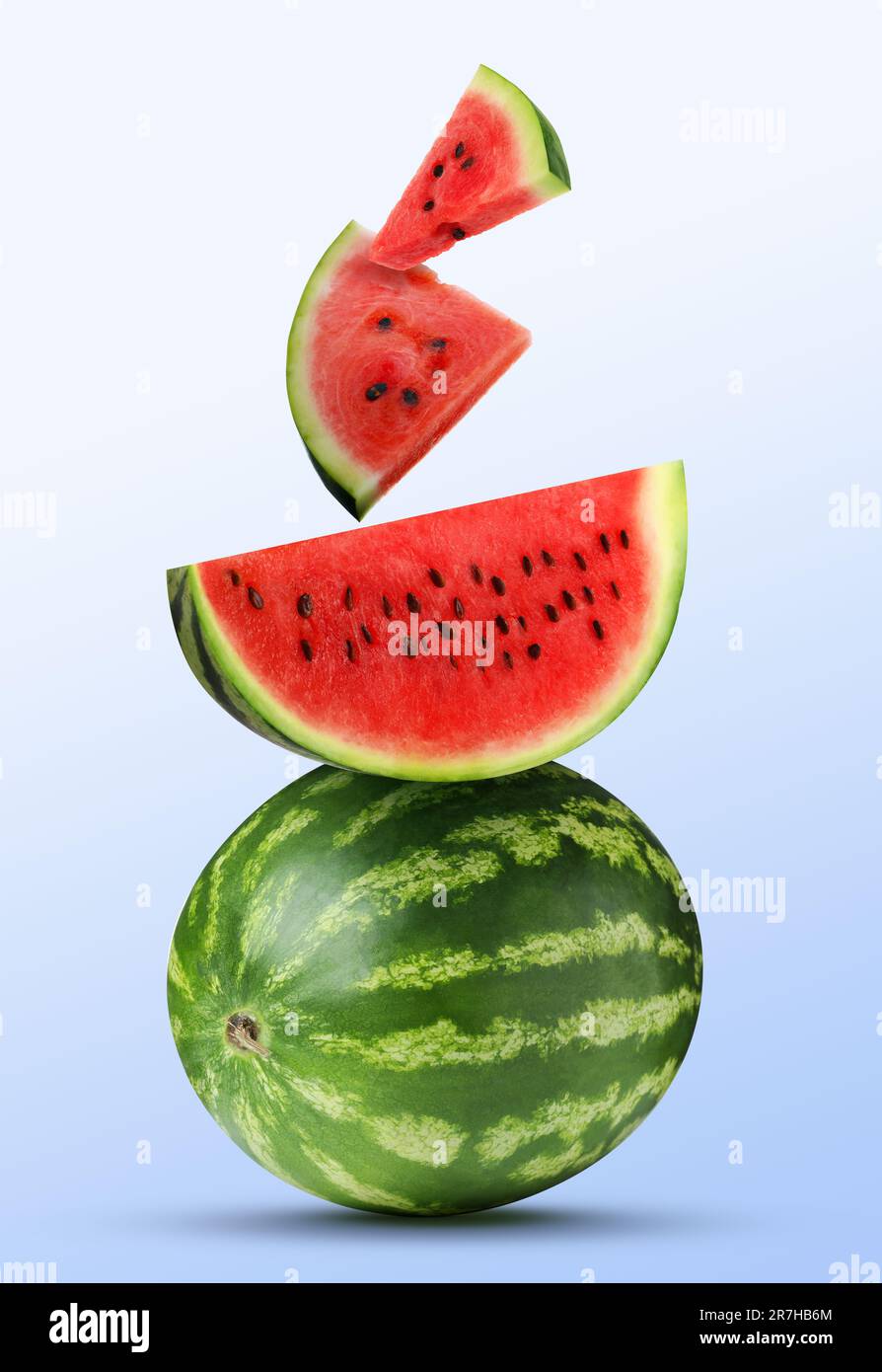 Collage with cut and whole watermelons on light blue gradient ...