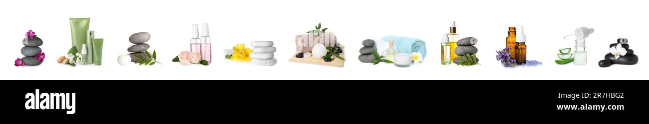 Set of different spa products isolated on white Stock Photo - Alamy