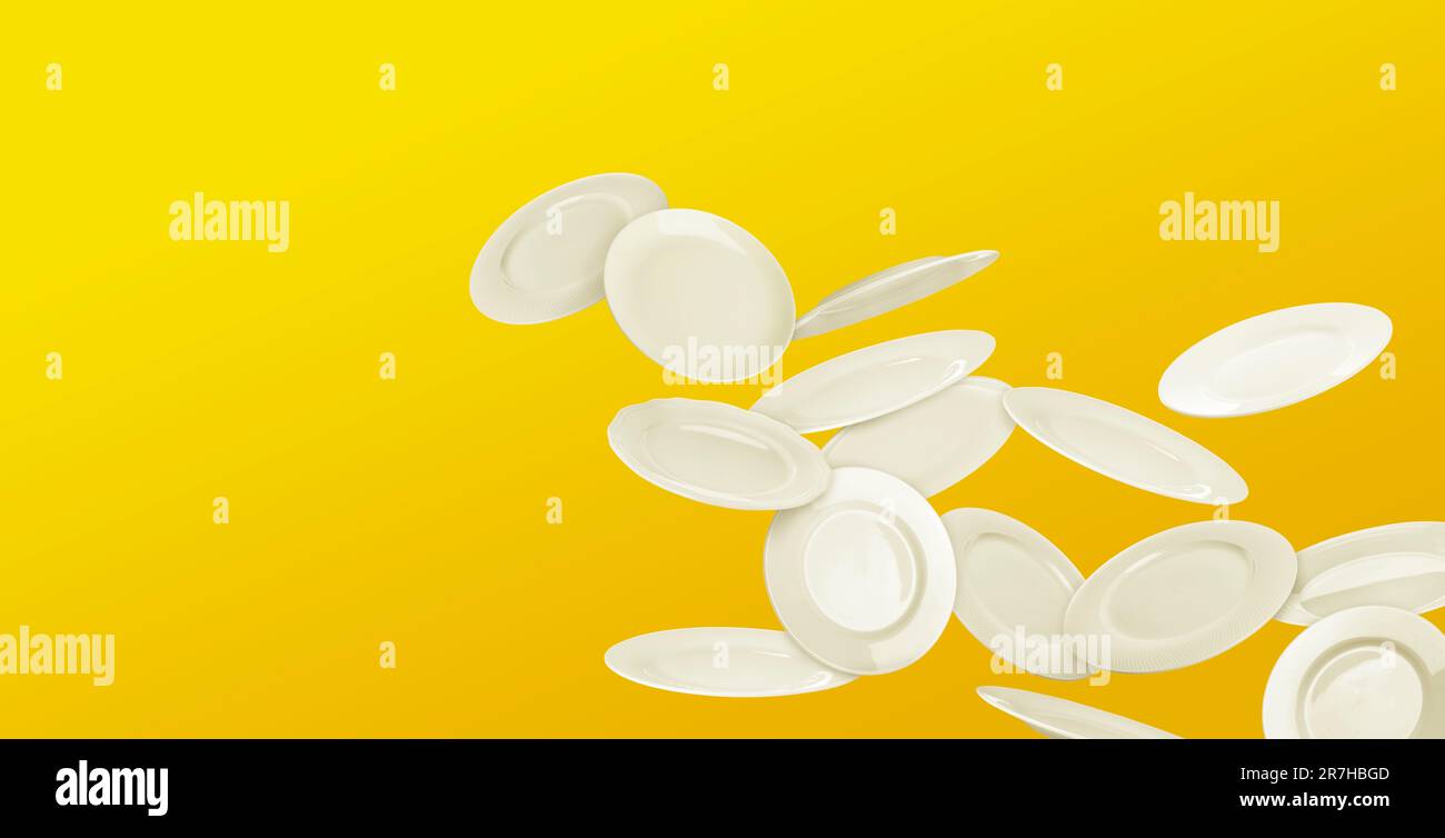 Many white plates falling on yellow background, banner design Stock ...