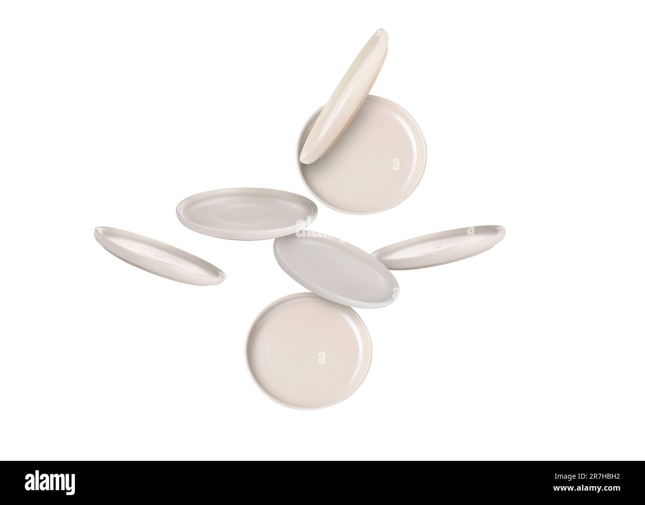 Many beige plates falling on white background Stock Photo - Alamy
