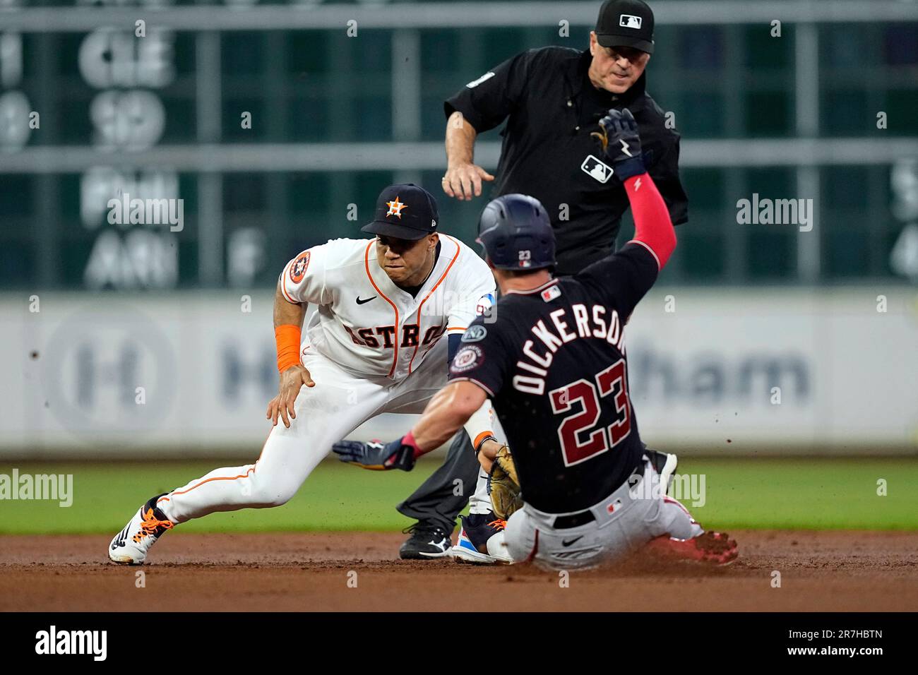 Washington Nationals' Corey Dickerson (23) is tagged out by Houston ...
