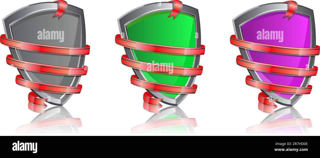 shiny shield wrapped in ribbon icon set. Vector illustration isolated ...