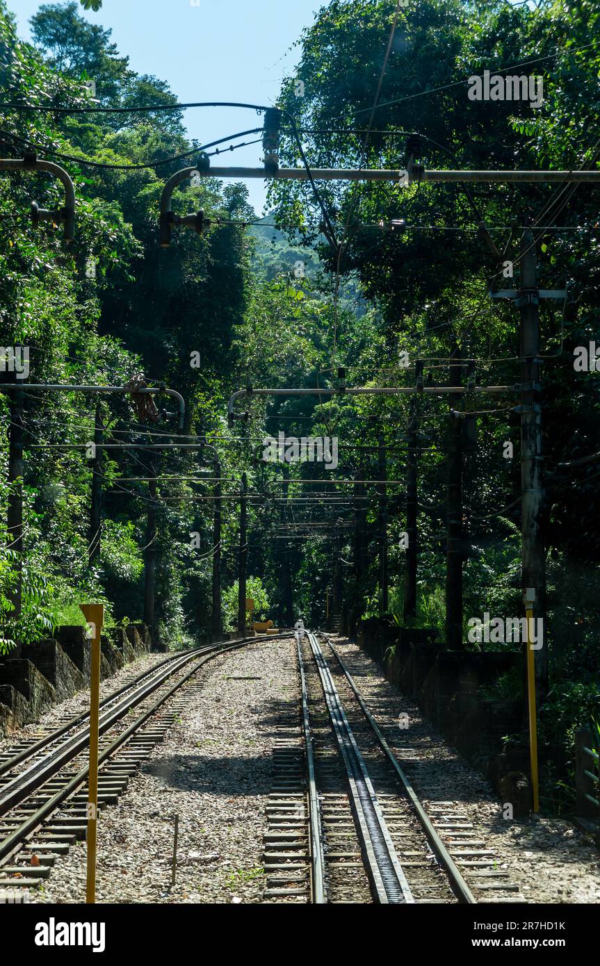 Train tracks of Corcovado Rack Railway in a passing loop area in the ...
