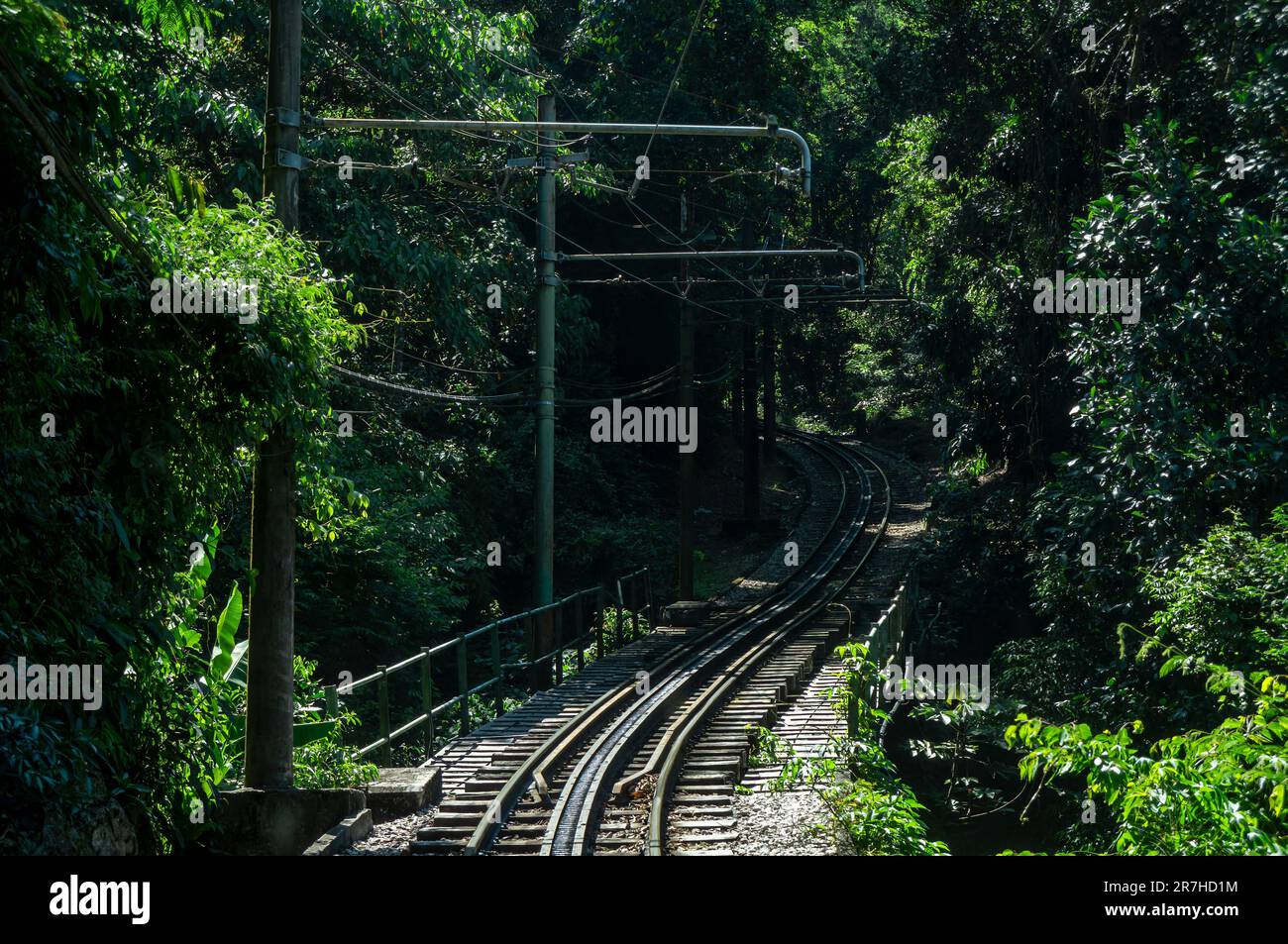 A "S" shaped section of Corcovado Rack Railway train tracks running ...