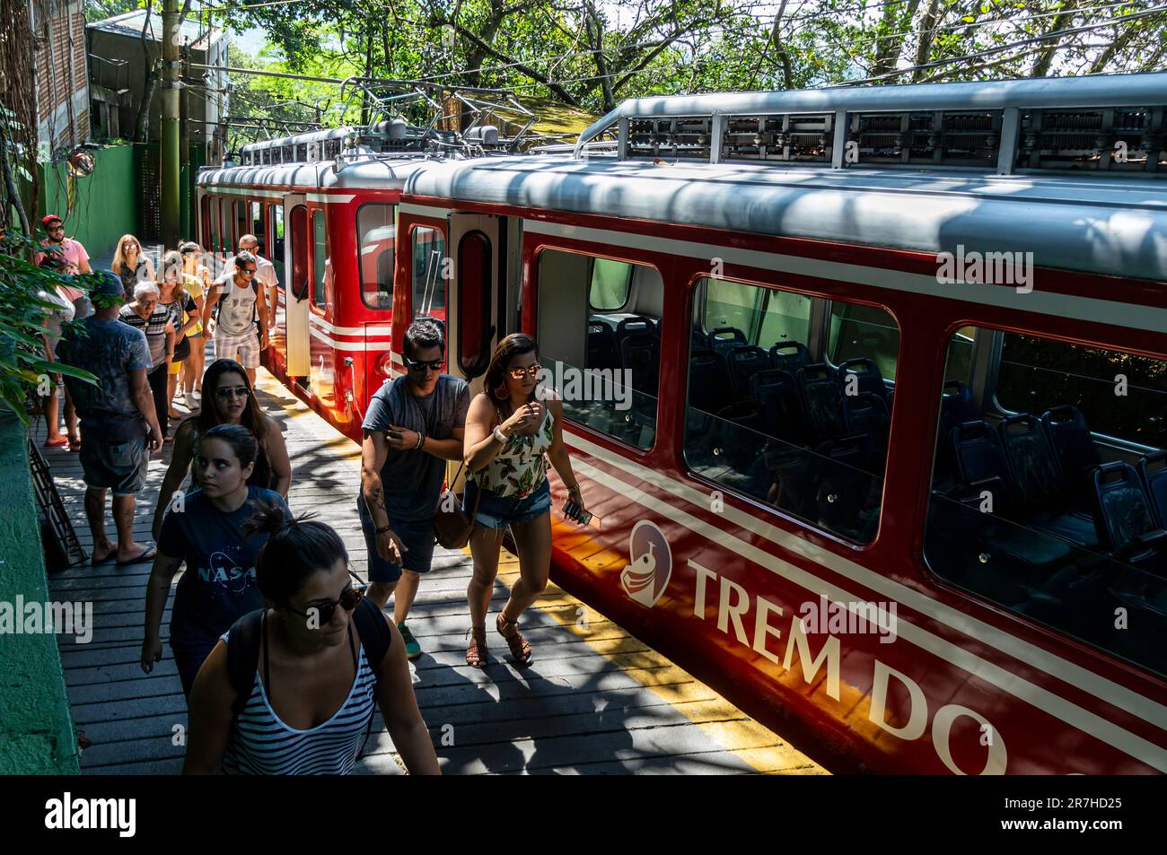Passengers leaving the old SLM Bhe 2-4 Corcovado Rack Railway train at ...