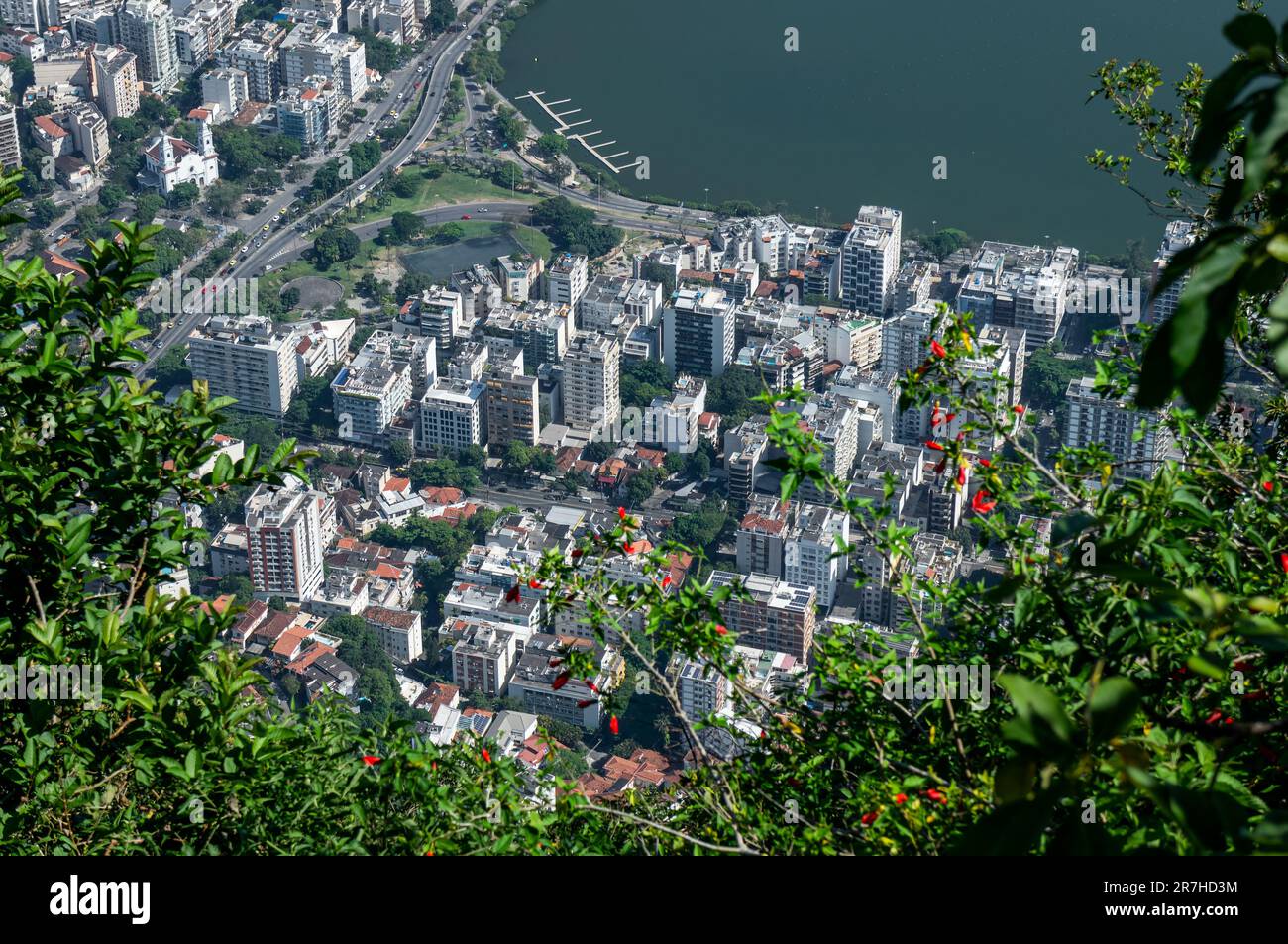 Partial aerial view of Lagoa district and Rodrigo de Freitas lagoon as ...