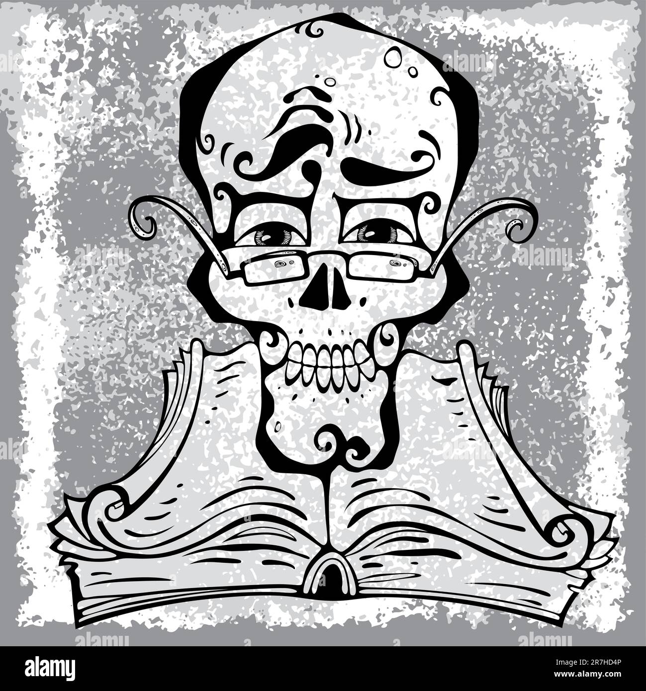 Clever skull. Skull wear eyeglasses over open ancient book with curly ...