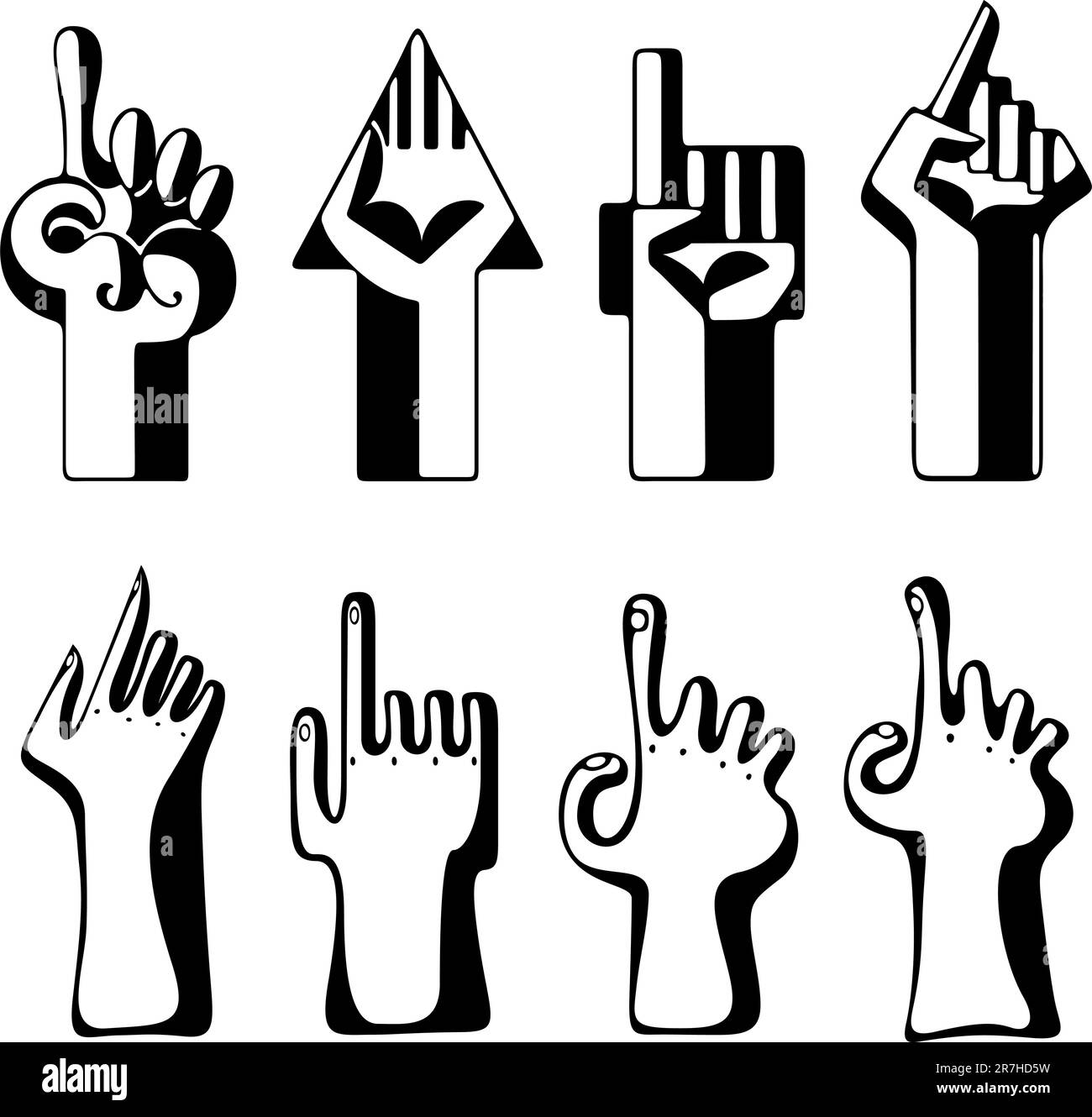 Set of hand pointers. Drawings of different styles. Cursors, hands and ...