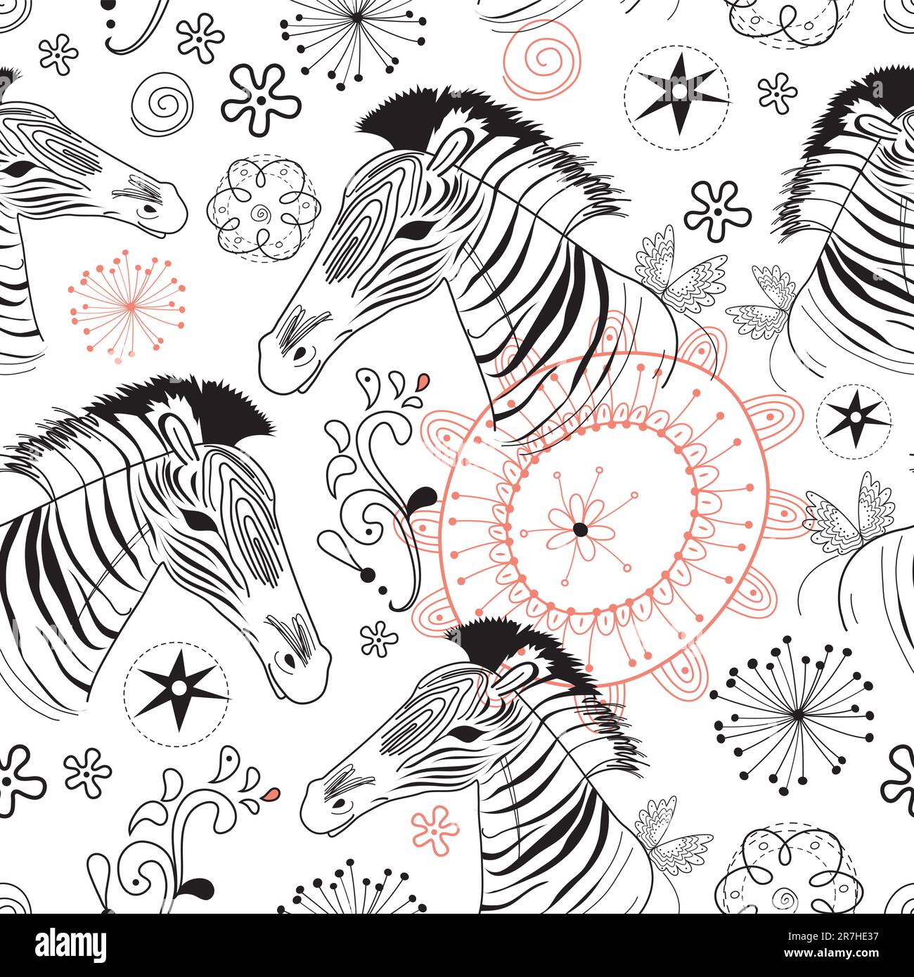 seamless pattern of graphic zebra and flowers on a white background ...
