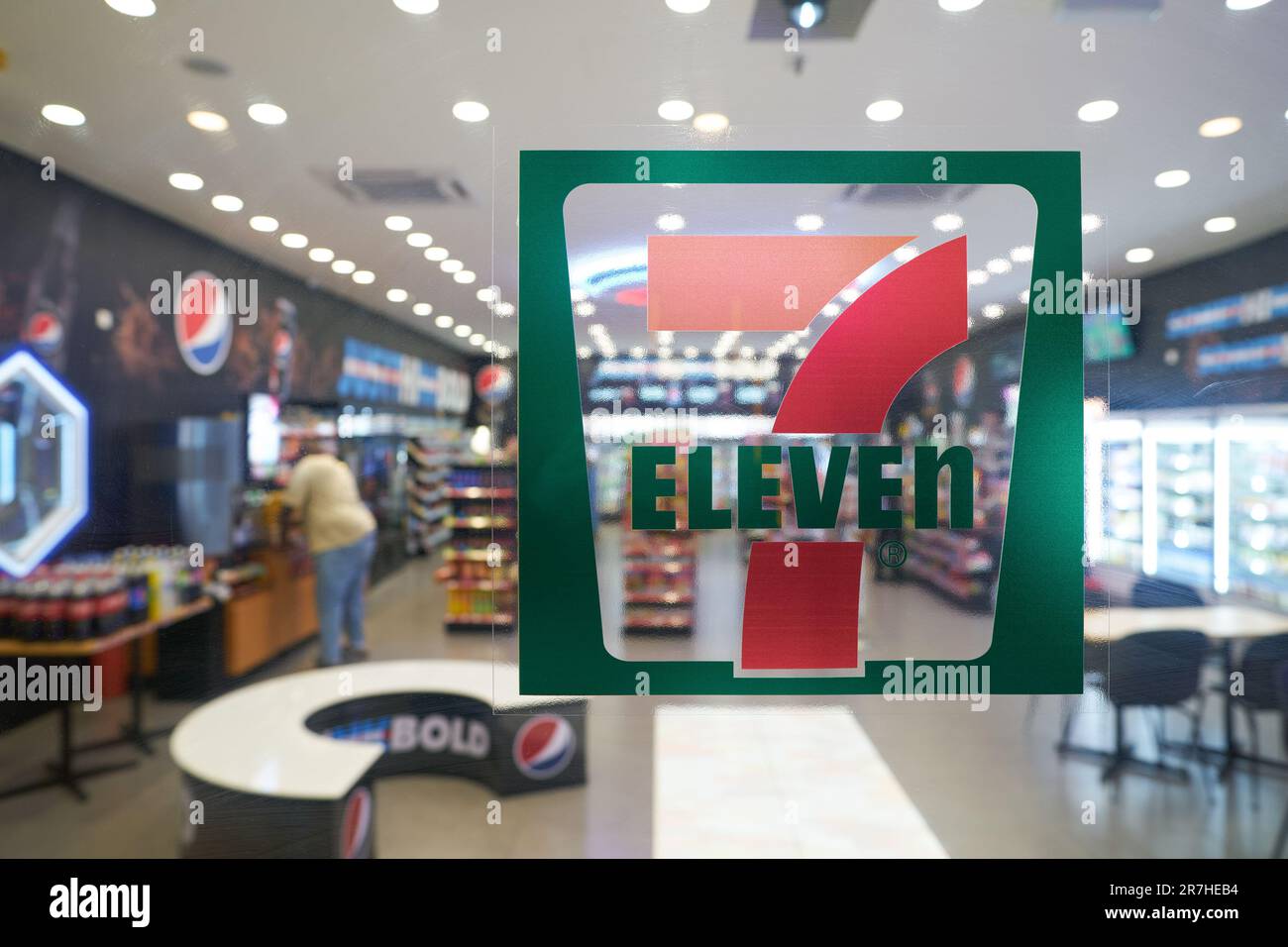 KUALA LUMPUR, MALAYSIA - CIRCA MARCH, 2023: close up shot of 7-eleven ...