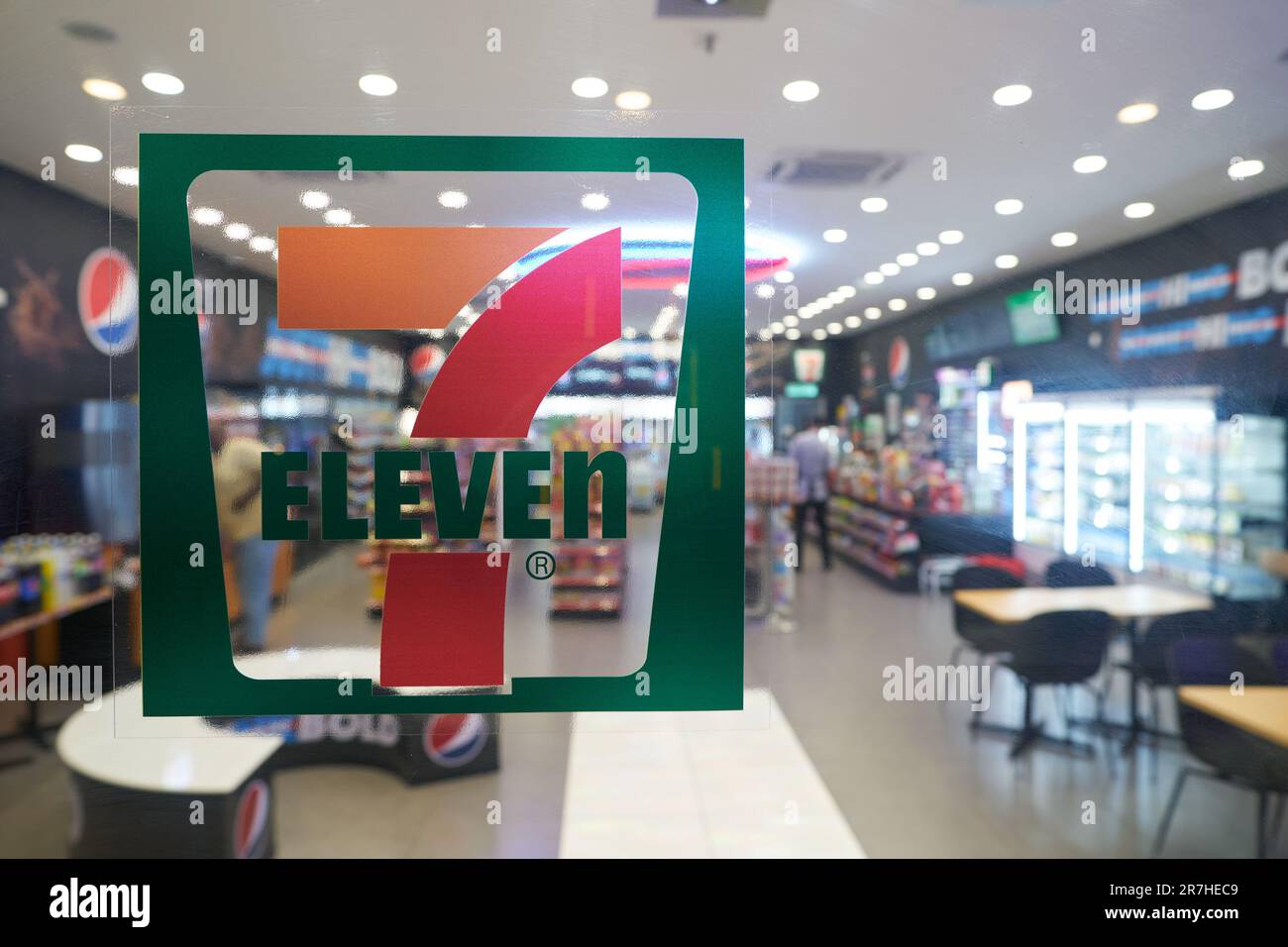 KUALA LUMPUR, MALAYSIA - CIRCA MARCH, 2023: close up shot of 7-eleven ...