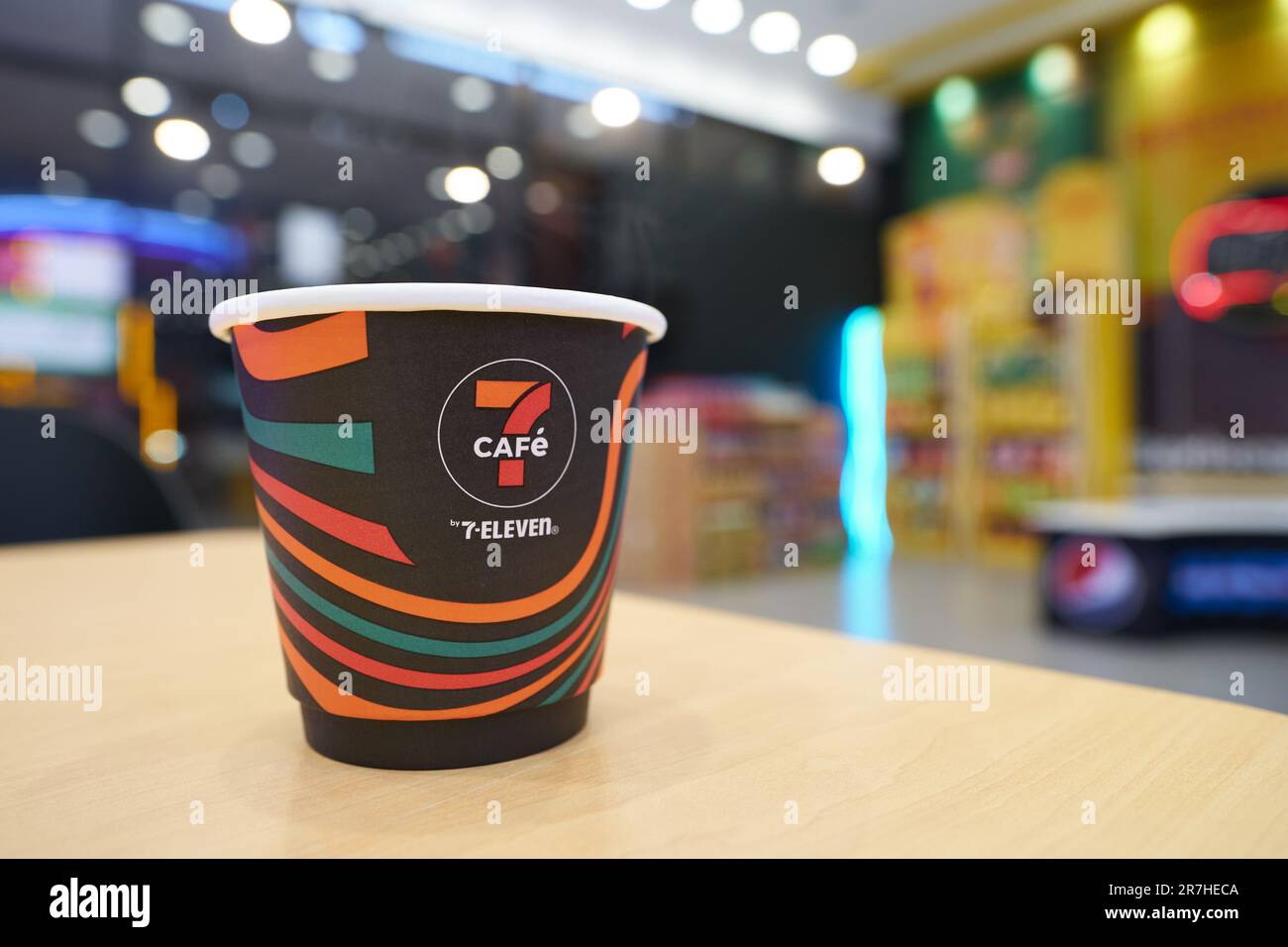 KUALA LUMPUR, MALAYSIA - CIRCA MARCH, 2023: close up shot of 7 Cafe ...
