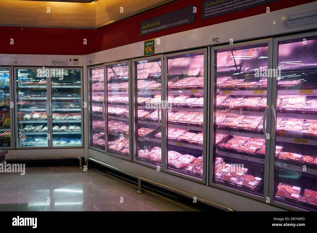 BANGKOK, THAILAND - CIRCA APRIL, 2023: chilled meat on display at Big C ...