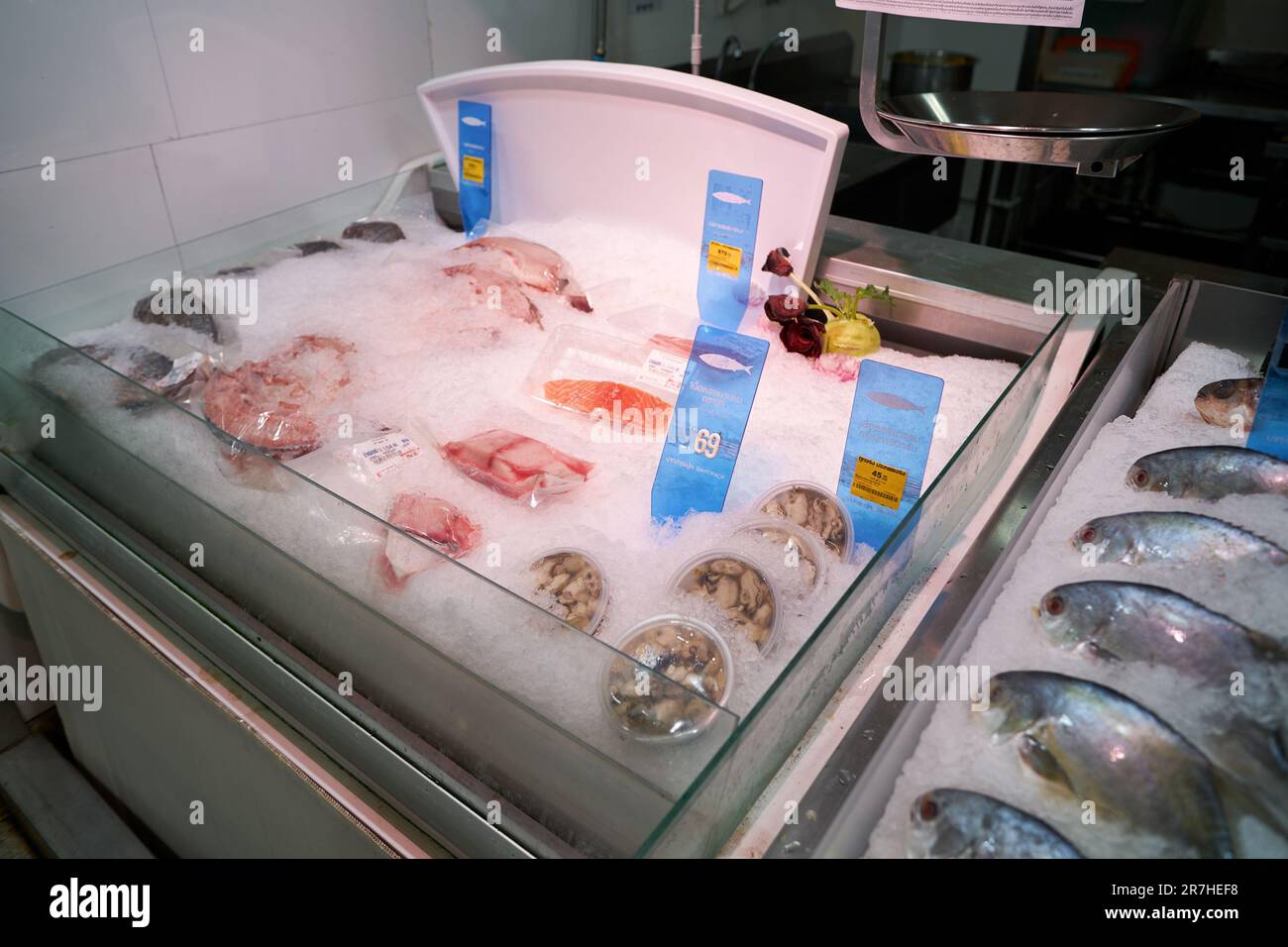 BANGKOK, THAILAND - CIRCA APRIL, 2023: chilled fish on display at Big C ...