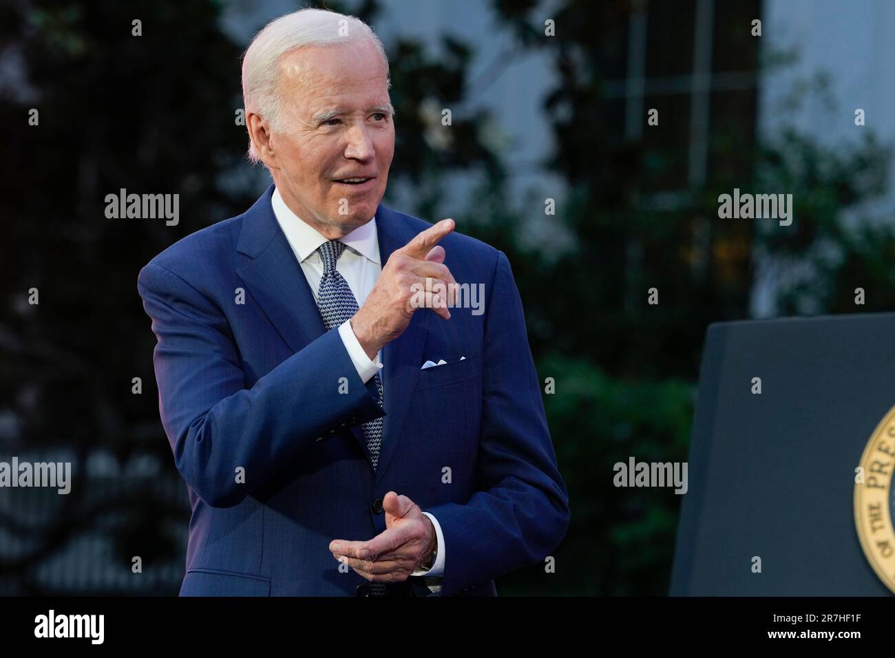 President Joe Biden gestures to Eva Longoria before a screening of the ...