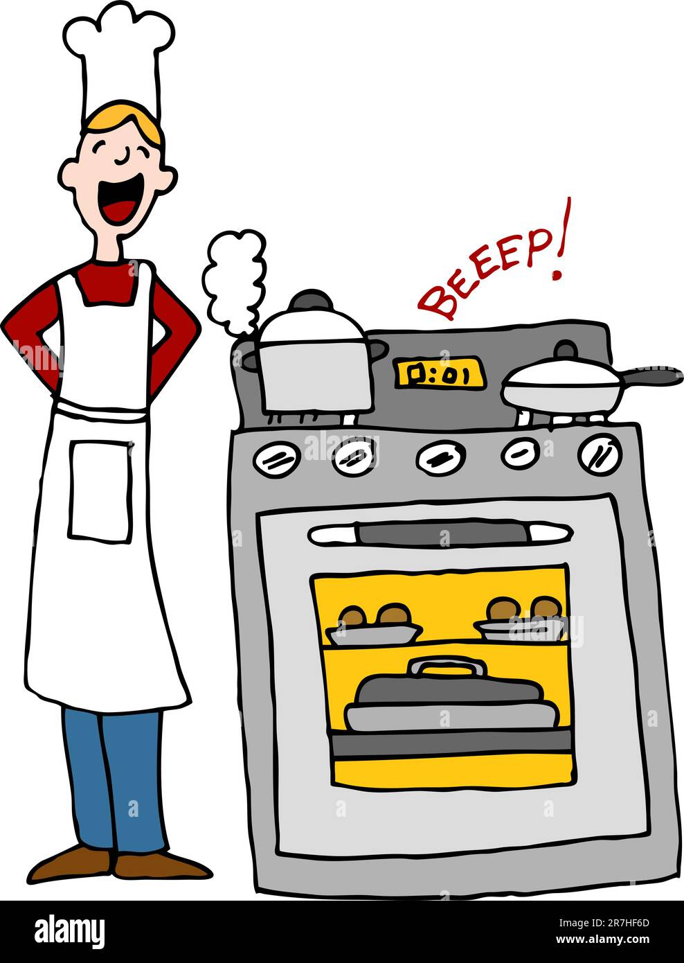 An image of a chef next to an over cooking food with timer beeping ...