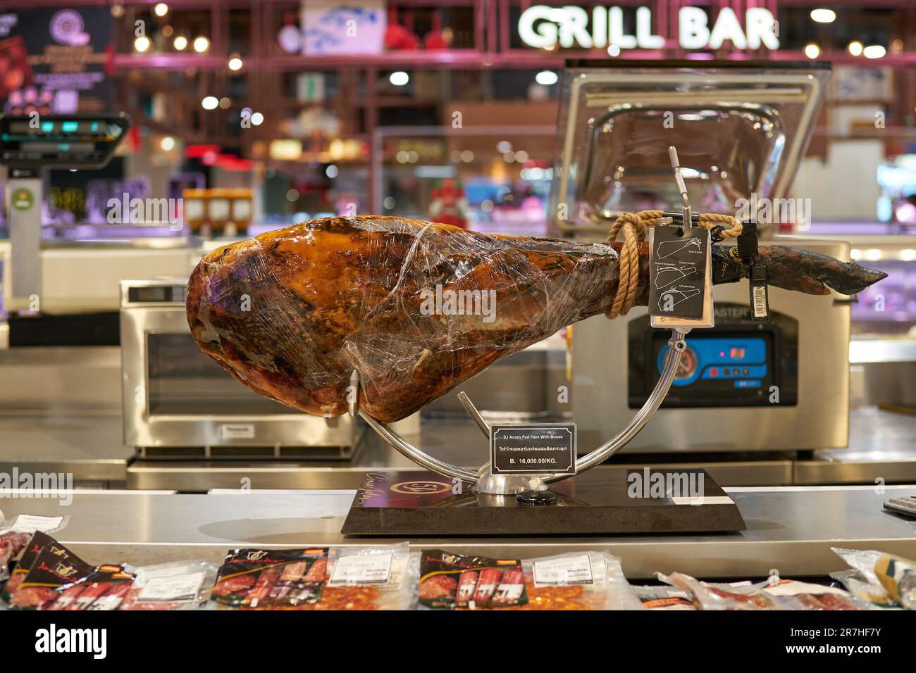 BANGKOK, THAILAND - CIRCA APRIL, 2023: 5J acorn fed ham with bone on ...