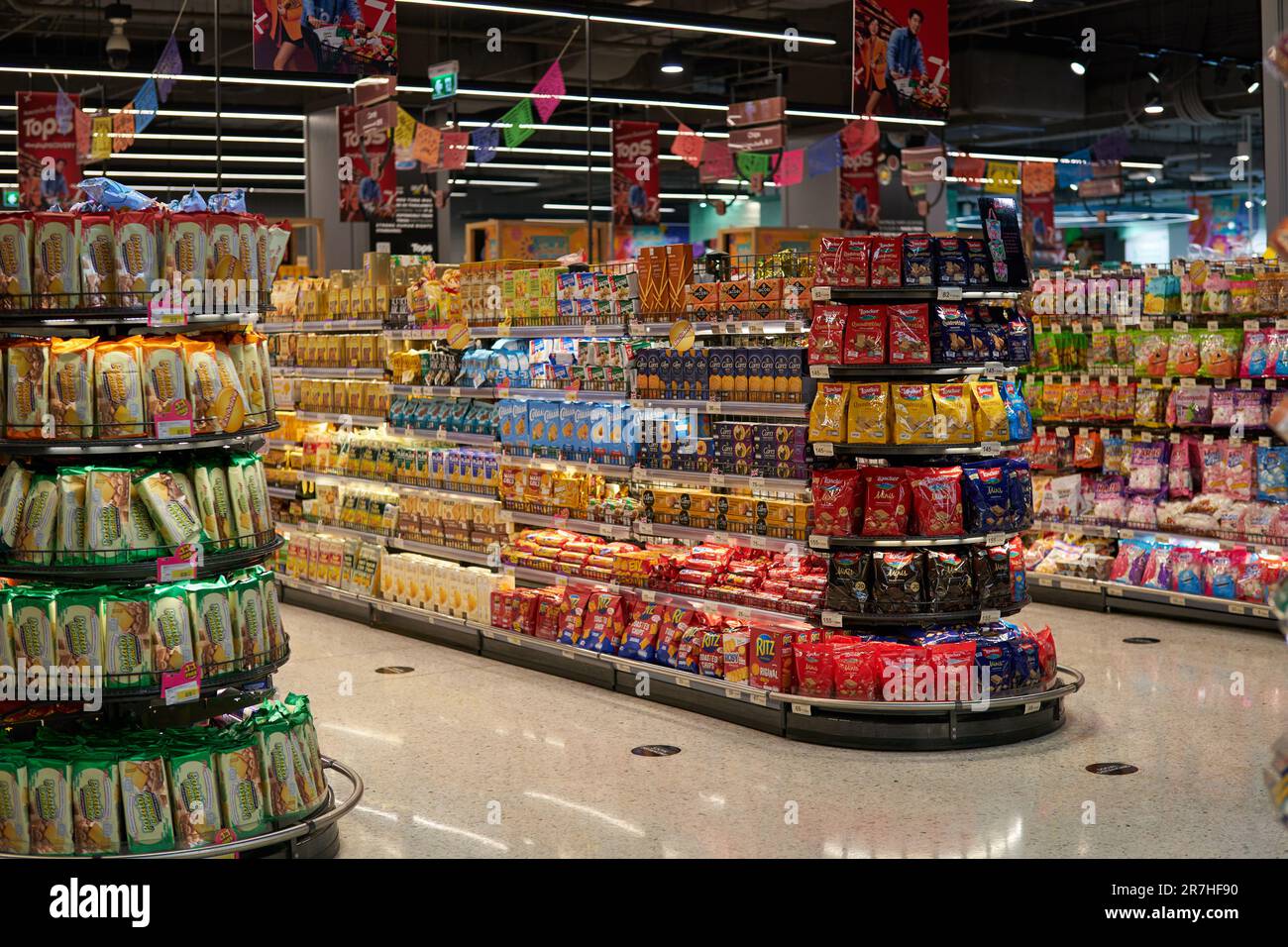 BANGKOK, THAILAND - CIRCA APRIL, 2023: interior shot of Tops Food Hall premium grade supermarket ...