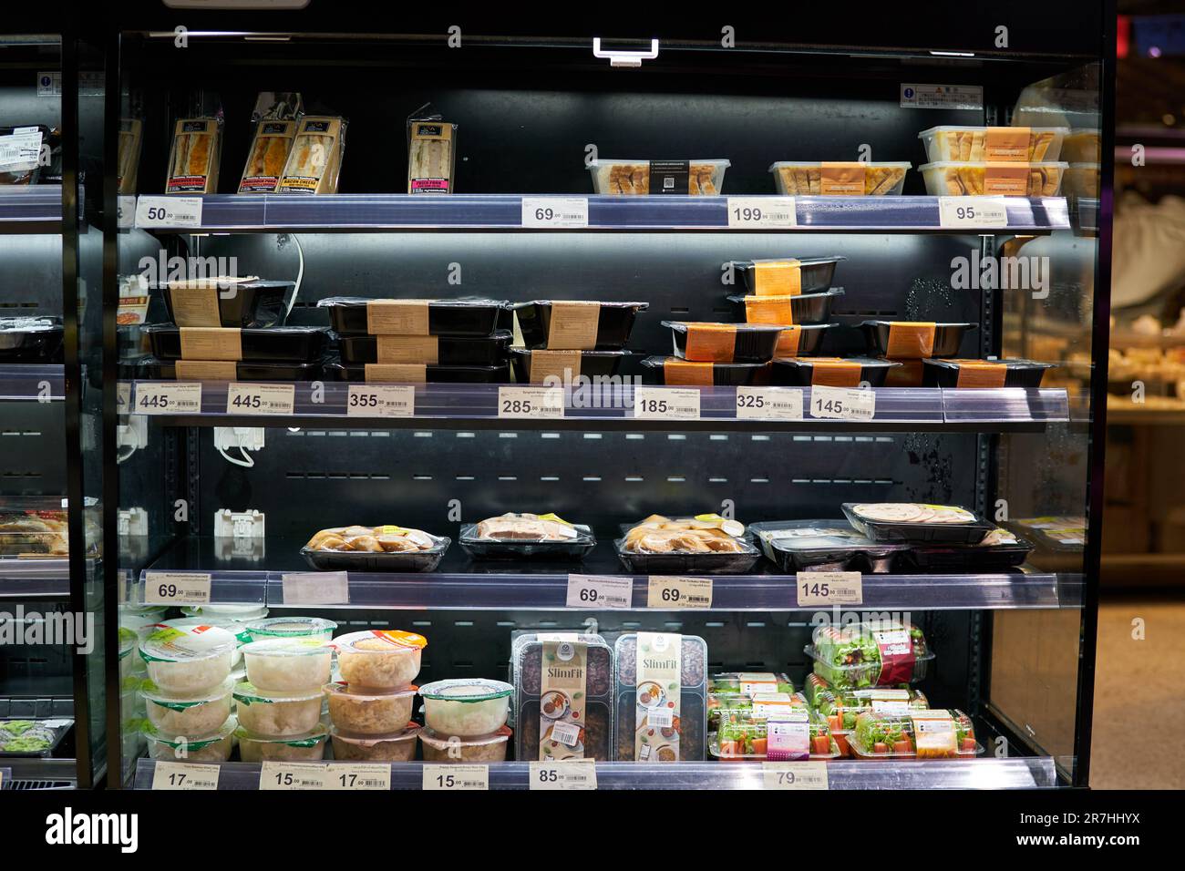 BANGKOK, THAILAND - CIRCA APRIL, 2023: ready to eat meals on display at ...