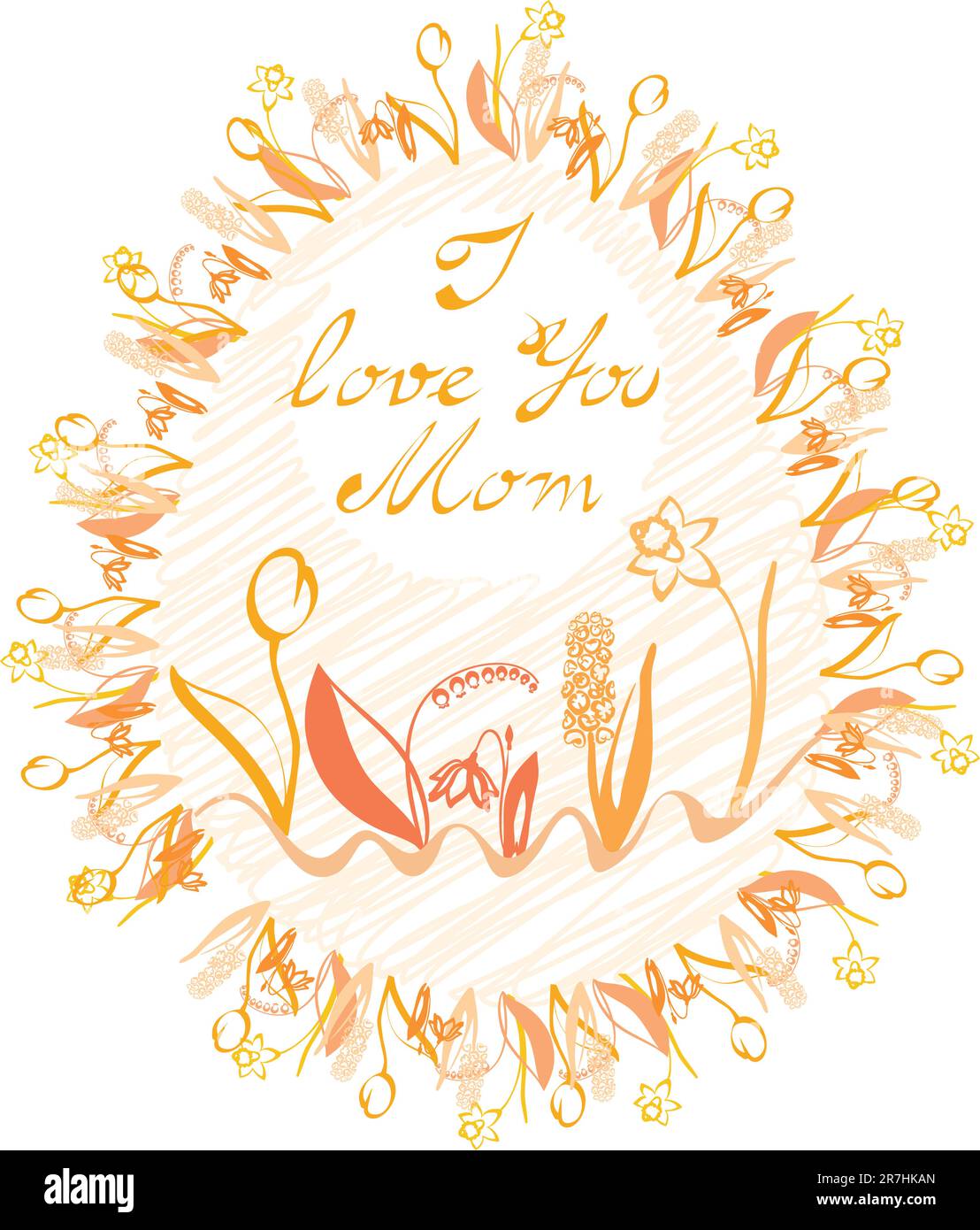 Oval frame with calligraphy I love You Mom, and flowers. Font not used ...