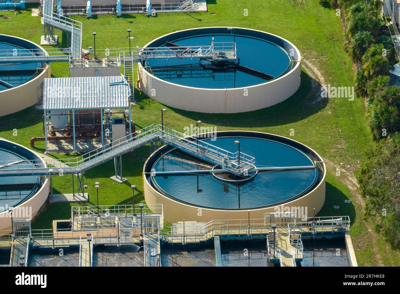 Aerial view of water treatment factory at city wastewater cleaning ...