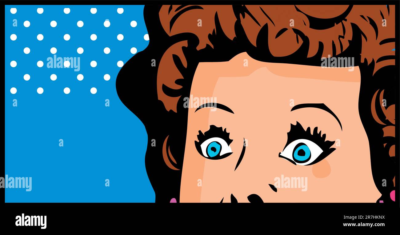 Cropped woman face pop art comic banner with Eyes Wide open Stock ...