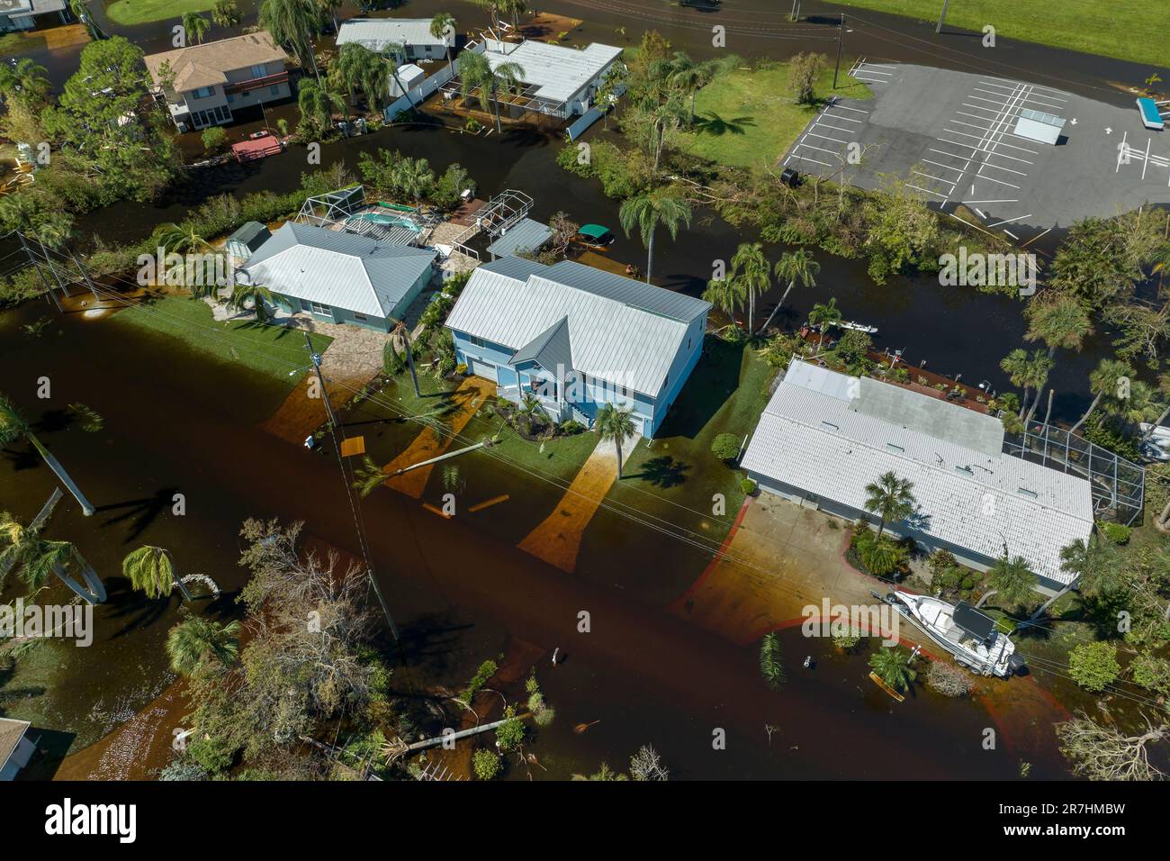 Consequences of natural disaster. Heavy flood with high water ...