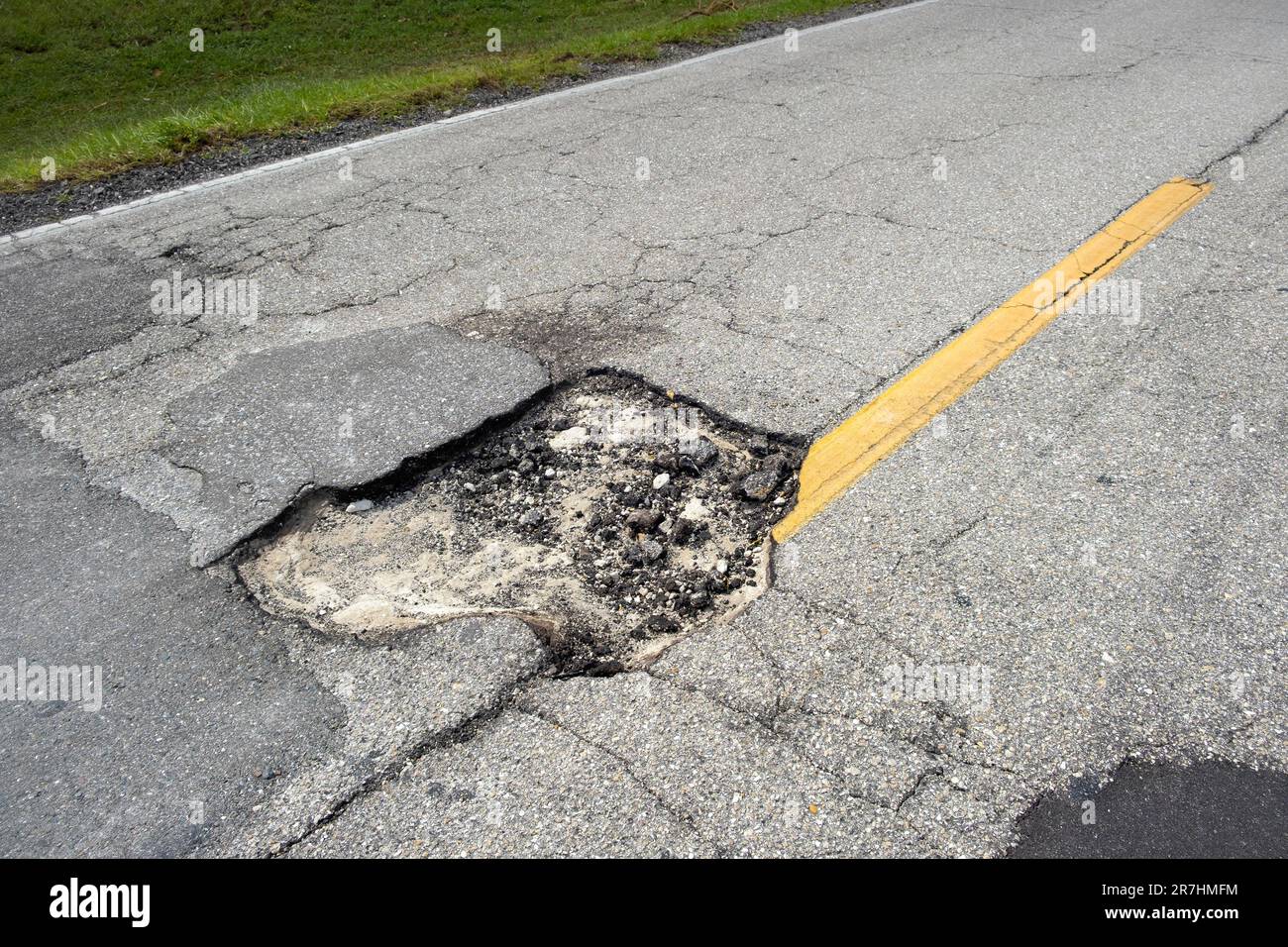 Dangerous pothole on american road surface. Ruined driveway in urgent ...