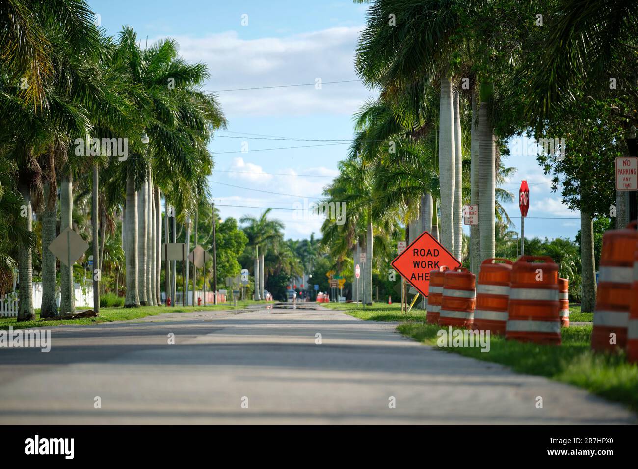 Road work ahead sign on street site as warning to cars about ...