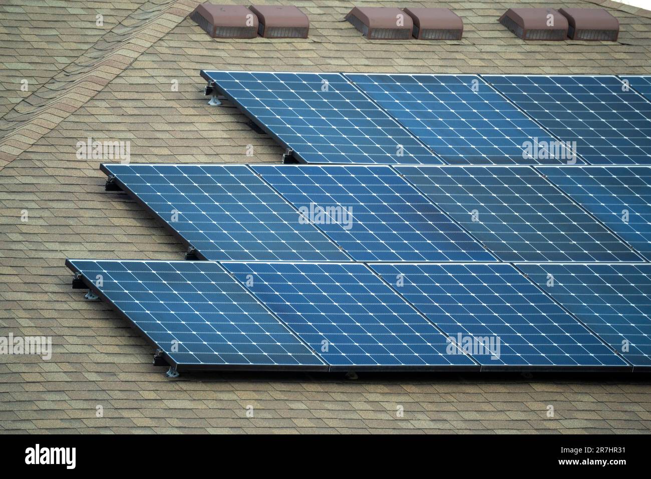 Standard american residential house with rooftop covered with solar ...
