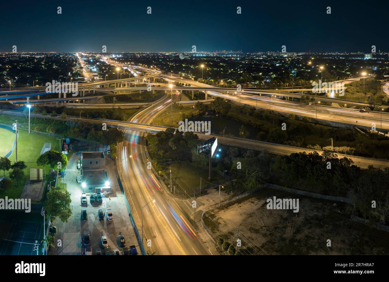 View from above of american big freeway intersection in Miami, Florida ...