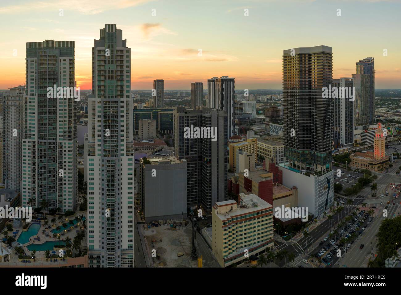 View from above of concrete and glass skyscraper buildings in downtown ...