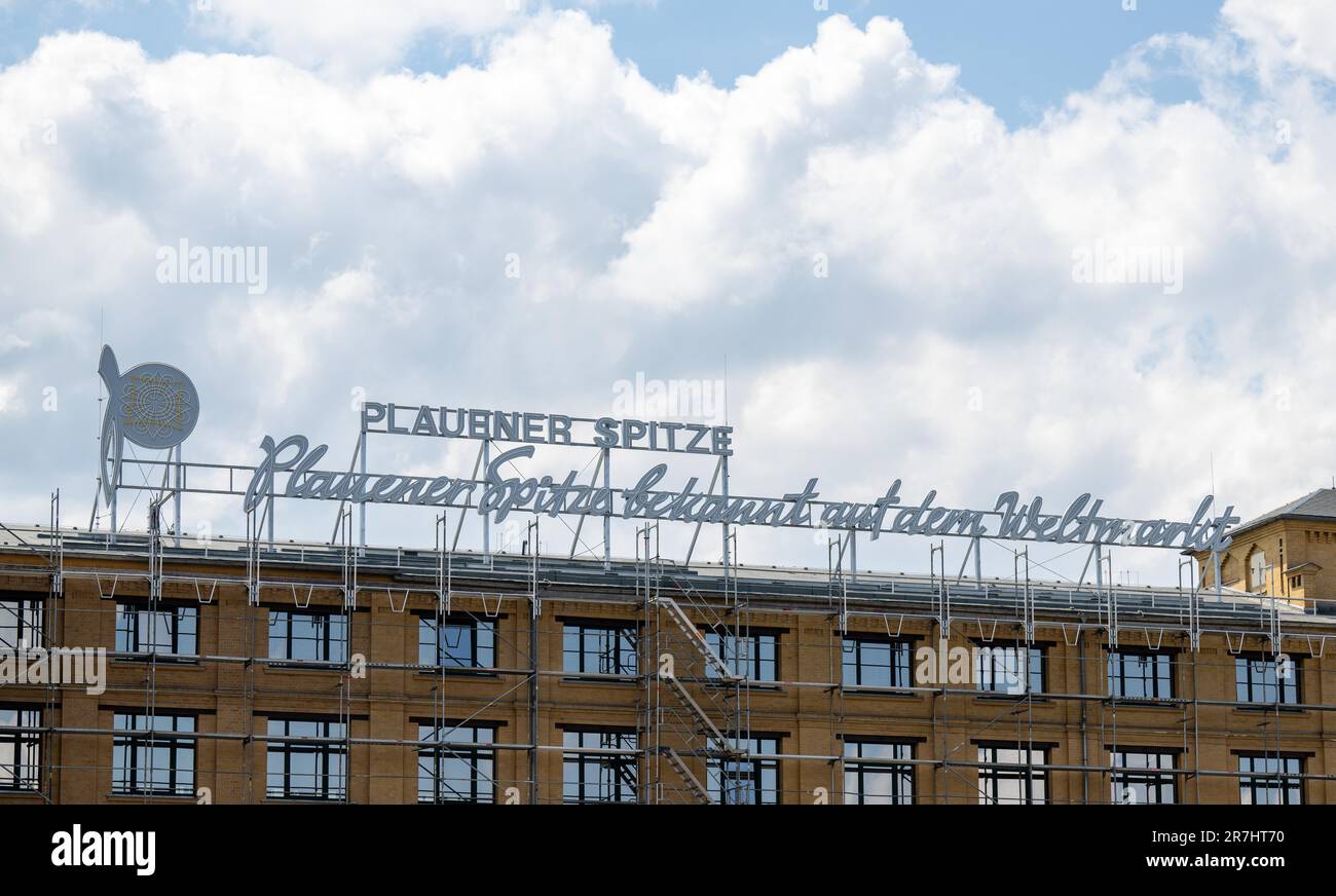 PRODUCTION - 14 June 2023, Saxony, Plauen: The slogan "Plauener Spitze ...