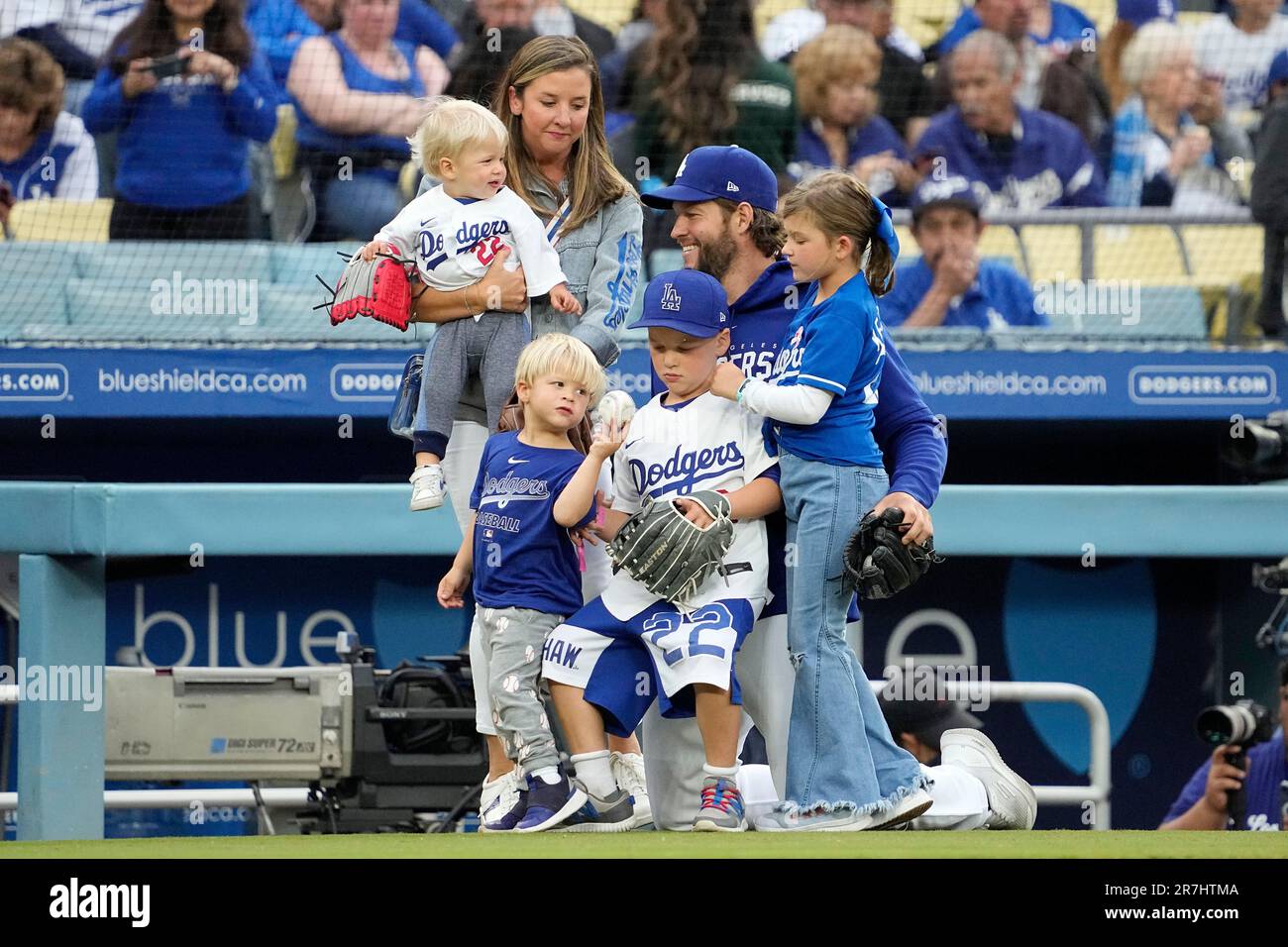 Los Angeles Dodgers' Clayton Kershaw, second from right, poses with his ...