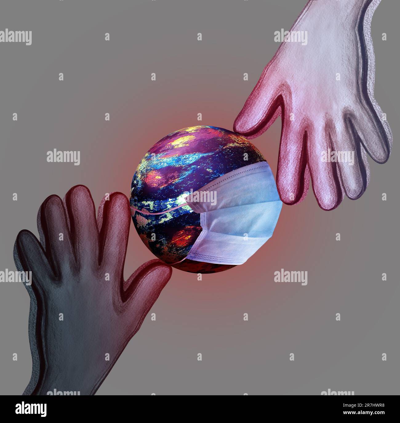 Concept - two hands holding planet earth with mask during coronavirus ...