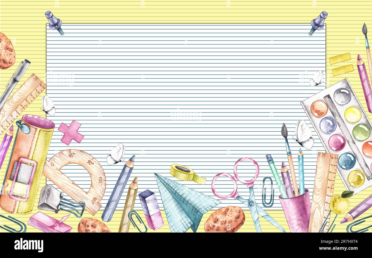 Back to school rectangular template. Hand-painted watercolor ...