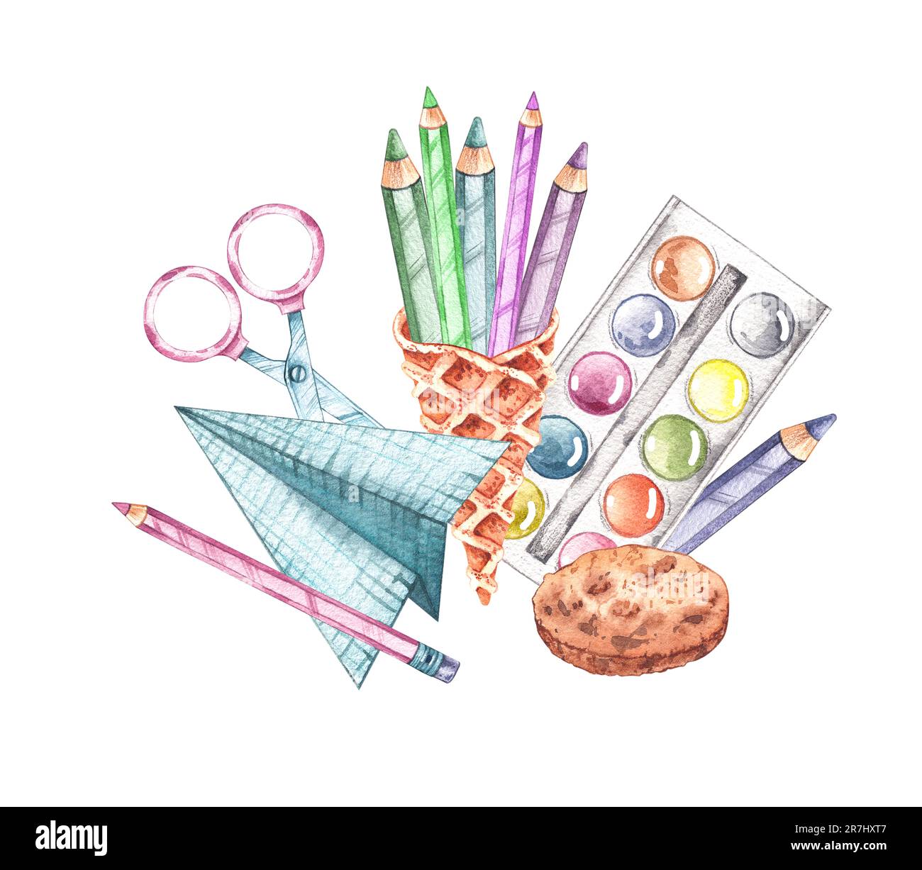 Back to school stationery composition. Hand-painted watercolor ...