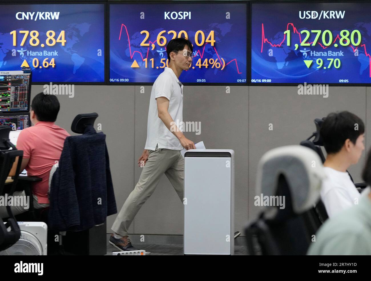 A currency trader passes by the screens showing the Korea Composite ...