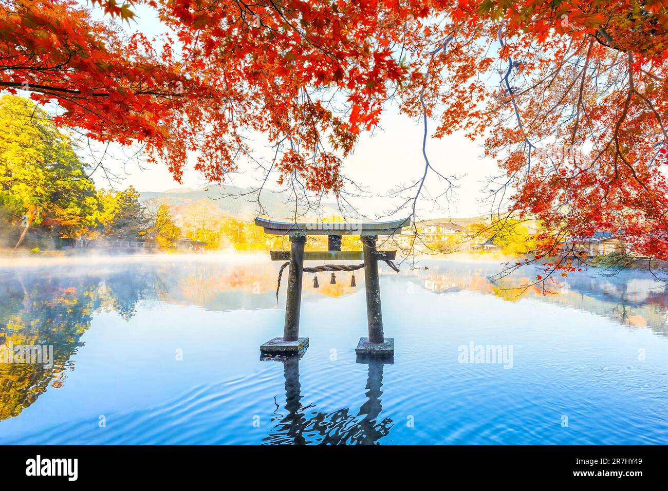 Yufuin, Japan - Nov 27 2022: Tenso-jinja shrine at lake Kinrin, is one ...